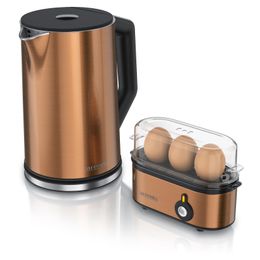 arendo 2-teiliges Fr&uuml;hst&uuml;cksset - Edelstahl Wasserkocher 1,5l, 3er Eierkocher, Kupfer