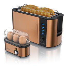 arendo Fr&uuml;hst&uuml;cks-Set 2-teilig, 4 Scheiben Langschlitz-Toaster 1500W, 3er Eierkocher, Kupfer