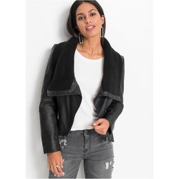 bonprix Lederimitat-Jacke mit Schalkragen, schwarz, Gr.42, Feminine Kurzjacke mit modischen Zierdetails