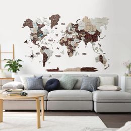 Weltkarte Holz, Landkarte Welt, Weltkarte Wanddeko 3D - Enjoy The Wood, Cappuccino Prime