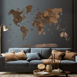 Weltkarte holz, Landkarte welt, Weltkarte wanddeko 3D - Enjoy The Wood, Walnuss dunkel Prime