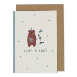 Ava & Yves Klappkarte Geburt B&auml;rchen "Hurra ein Junge" blau
