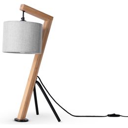 Paco Home Tischleuchte "GALLOW", braun (holzfarben, grau), 1, &Oslash; 16cm H: 49cm, Leuchten, Modern Wohnzimmer Dreibein Holz Metall Vintage E27, Tischleuchte