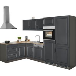 Winkelk&uuml;che KOCHSTATION "KS-Stockholm", grau (k&uuml;che: grau, front: grau, korpus: grafitfarben, arbeitsplatte: eichefarben sonoma), B:290cm H:200cm T:60cm, Komplettk&uuml;chen-Sets, L-K&uuml;che, Stellbreite 290x170 cm, wahlweise mit E-Ger&auml;ten, MDF-Fronten