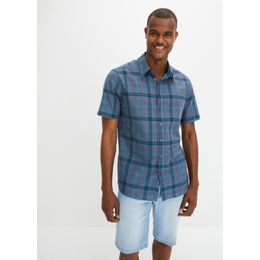 Kurzarmhemd bonprix, Herren, Gr. 39/40 (M), N-Gr, blau (blau kariert), Obermaterial: 100% Baumwolle, regular fit, Hemden, Regular Fit, aus Baumwolle, mit Karomuster, mit Kentkragen