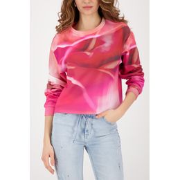 Sweatshirt monari "Sweatshirt Blume allover", Damen, Gr. 44, pink (spring flower gem), Sweatware, Obermaterial: 80% Baumwolle, 20% Polyester, gemustert, regular fit taillenbedeckt, Rundhals, eingesetzt Rippb&uuml;ndchen, Sweatshirts Sweatshirt, Regular fit mit Allover-Muster