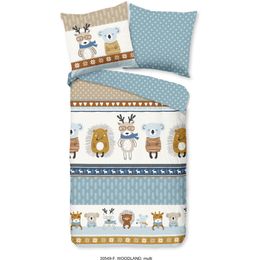 Kinderbettw&auml;sche Good Morning "Woodland", blau (blau, sand, natur, wei&szlig;), B/L: 135cm x 200cm, 1 Stk., 1 Stk., Flanell, B/L: 80cm x 80cm, 2 Stk., Flanell, Obermaterial: 100% Baumwolle, Bettw&auml;sche, Biber, 135x200, Warm, Weich, Wendeoptik, Rei&szlig;verschluss, Tieren, Kind