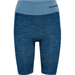 Trainingsshorts Hummel "HMLCLEA SEAMLESS CYCLING SHORTS", Damen, Gr. M (38), N-Gr, navy peony, faded denim, Obermaterial: 57% Polyamid, 30% Polyester, 13% Elasthan, Hosen, aus gestricktem Mesh-Material, mit BEECOOL Technologie, dehnbar