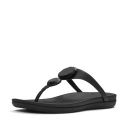 Zehentrenner fitflop "SOLAY GLOSSY-DISC TOE-POST SANDALS", Damen, Gr. 37, schwarz, Lederimitat, Schuhe Zehentrenner, Dianette, Sommerschuh mit Metallic Detail