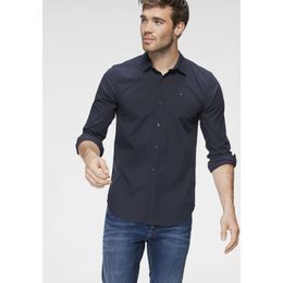 Langarmhemd Tommy Jeans "Sabim Stretch Shirt", Herren, Gr. S, N-Gr, blau (schwarz iris), Web, Obermaterial: 97% Baumwolle, 3% Elasthan, unifarben, schmal normal, Rundhals, eingesetzt 2-Knopf-Manschette mit Schlitz, Hemden, Stretch Hemd, Premium, Slim Fit, mit Elasthan