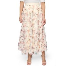 Midirock Zero "Damen mit R&uuml;schen", Damen, Gr. 34, cream, pink, Obermaterial: 100% Polyester, bedruckt, A-Linie lang, R&ouml;cke, Raffungen