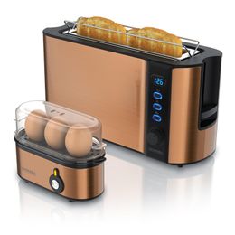 arendo Fr&uuml;hst&uuml;cksset, 2-Scheiben Langschlitztoaster, Eierkocher THREECOOK, Kupfer