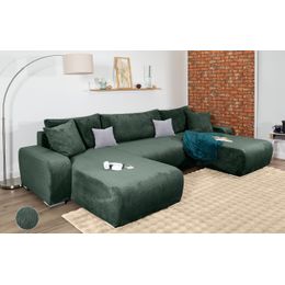 Wohnlandschaft Collection AB "Paola U-Form, B: 314 cm", gr&uuml;n (flaschengr&uuml;n), B:314cm H:41cm T:169cm, 100%Polyester, Sofas, Wohnlandschaft, Bettfunktion, Bettkasten & 4 Zierkissen, Federkern