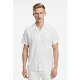 Jack & Jones Kurzarmhemd JACK & JONES "JPRBLARIVER LINEN BL. DOBBY SS SHIRT SN", Herren, Gr. L, N-Gr, wei&szlig; (cloud dancer stripes:stripes), Web, Obermaterial: 50% Baumwolle, 30% Leinen, 20% Viskose, gestreift, regular fit normal, gerader Abschluss, Hemden, mit Resort Kragen