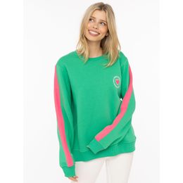 Sweatshirt Zwillingsherz "Smile Everyday", Damen, Gr. L/XL, gr&uuml;n (dunkelgr&uuml;n), Sweatware, Obermaterial: 50% Baumwolle, 50% Polyester, Sweatshirts Sweatshirt, pinker Streifen am Arm, Rundhals, gesticktes Herz und Schrift
