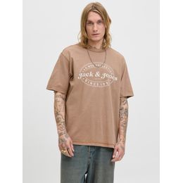 Jack & Jones Rundhalsshirt JACK & JONES "JJEDOVER PRINT TEE SS CREW NECK", Jungen, Gr. L, braun (monks robe), Single Jersey, Obermaterial: 100% Baumwolle, bedruckt, relaxed fit normal, Rundhals, Shirts Rundhalsshirt