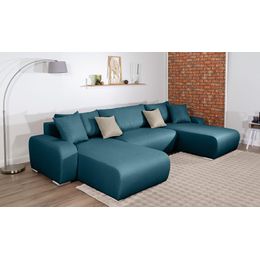 Wohnlandschaft Collection AB "Paola U-Form, B: 314 cm", petrol, B:314cm H:41cm T:169cm, 100%Polyester, Sofas, Wohnlandschaft, Bettfunktion, Bettkasten & 4 Zierkissen, Federkern