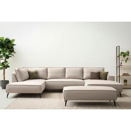 Wohnlandschaft Home Affaire "TVINNU", hellbeige, B:354cm H:83cm T:193cm, Sofas, Wohnlandschaft, Recamiere rechts/links, stellbar zum Schlafsofa (Krokodilverbinder)