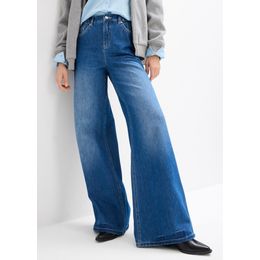 Weite Jeans bonprix, Damen, Gr. 40, N-Gr, blau denim used (l&auml;nge: regul&auml;r), Obermaterial: 100% Baumwolle, loose fit, Jeans, weite Passform, 5-Pocket-Design, elastischer Bequembund, hohe Bundh&ouml;he