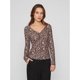 V-Shirt Vila "VILEOA V-NECK L/S TOP - NOOS", Damen, Gr. S, braun (nomad aop:leo), Jersey, Obermaterial: 95% Polyester, 5% Elasthan, bedruckt, h&uuml;ftlang, V-Ausschnitt, Shirts