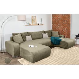 Wohnlandschaft Collection AB "Paola U-Form, B: 314 cm", gr&uuml;n (olive), B:314cm H:41cm T:169cm, 100%Polyester, Sofas, Wohnlandschaft, Bettfunktion, Bettkasten & 4 Zierkissen, Federkern