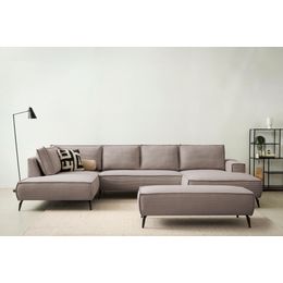 Wohnlandschaft Home Affaire "TVINNU", hellbraun, B:354cm H:83cm T:193cm, Sofas, Wohnlandschaft, Recamiere rechts/links, stellbar zum Schlafsofa (Krokodilverbinder)