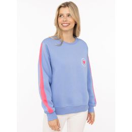Sweatshirt Zwillingsherz "Smile Everyday", Damen, Gr. L/XL, blau (mittelblau), Sweatware, Obermaterial: 50% Baumwolle, 50% Polyester, Sweatshirts Sweatshirt, pinker Streifen am Arm, Rundhals, gesticktes Herz und Schrift