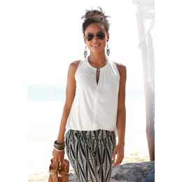 Strandtop Lascana, Damen, Gr. 32/34, beige (creme), Jersey, Obermaterial: 95% Viskose, 5% Elasthan. Spitze: 65% Baumwolle, 35% Polyamid, A-Linie h&uuml;ftlang, V-Ausschnitt, Tops Strandtop, mit Spitzeneins&auml;tzen, Damentop aus Baumwoll-Mix, Topseller