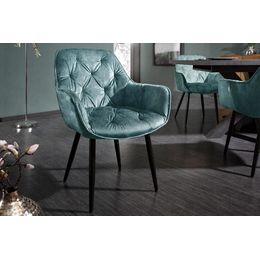 Riess Ambiente Design Stuhl MILANO petrol Samt mit Armlehne Ziersteppung gepolstert schwarze Metallbeine Riess-Ambiente Esszimmerstuhl K&uuml;chenstuhl Chesterfield...