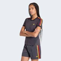T-Shirt adidas originals "3-STREIFEN SCHMAL GESCHNITTEN", Damen, Gr. XS, utility schwarz, schwarz, team power rot 2, collegiate gold, Obermaterial: 93% Baumwolle, 7% Elasthan, Rundhals, Shirts T-Shirt, sanft anliegende Passform, ohne Verschluss, f&uuml;r sportlichen Look