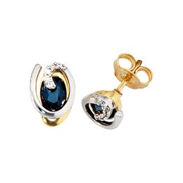 Paar Ohrstecker Jobo "Saphir-Ohrringe 10,3 mm", blau (saphirblau, dunkelblau), Ohrringe, Damen, P1 = bei 10-facher Vergr&ouml;&szlig;erung erkennbare Einschl&uuml;sse, Diamanten Gelbgold 585 Wei&szlig;gold 585, Diamanten, Gelbgold 585, Wei&szlig;gold 585, 14 Karat 585 Gold Bicolor mit 10 Diamanten
