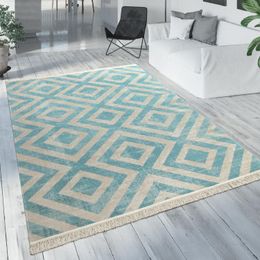 Teppich Paco Home "Poco 821", blau (blau, wei&szlig;), B:120cm H:6mm L:170cm, Polypropylen (PP), Teppiche, Teppich, Kurzflor, Rauten Design, mit Fransen, In- und Outdoor geeignet