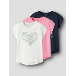 T-Shirt name it "NKFVIGEA 3P CAPSL TOP LNOOS", M&auml;dchen, Gr. 122/128, bunt (pink drink pack:hellwei&szlig;, navy blazer), Jersey, Obermaterial: 100% Baumwolle, bedruckt, regular fit normal, Rundhals, Shirts T-Shirt, Baumwolle, regular fit