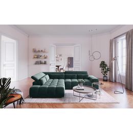 Ecksofa COTTA "Orion L-Form, B: 310 cm", hunter, B:310cm H:70cm T:225cm, 100% Polyester, Sofas, Ecksofa, Kopfteilverstellung & 5 Nierenkissen