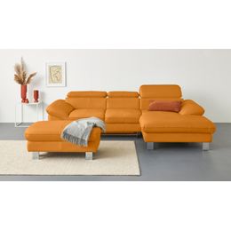 Ecksofa COTTA "Driver L-Form, B: 268 cm", gelb (amber), B:268cm H:73cm T:169cm, LEDER BEEFY (ein abgedecktes Spalt-Rindsleder) im Sitz und R&uuml;cken (Korpus in Kunstleder);Luxus-Kunstleder;Kunstleder SOFTLUX;Leder Pampas (echtes Rindsleder), R&uuml;ckseite mit schwarzem Spannstoff bezogen, Sofas, Ecksofa, Kopfteilverstellung, optional Bettfunktion & Bettkasten