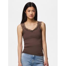 Spitzentop Pieces "PCBARBERA", Damen, Gr. S, hot fudge, Jersey, Obermaterial: 95% Viskose, 5% Elasthan, unifarben, figurbetont normal, V-Ausschnitt, Tops Spitzentop, Viskosemischung