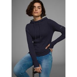 Strickpullover Kangaroos, Damen, Gr. 52/54, blau (marine, hellgrau, meliert), Rippstrick, Obermaterial: 55% Baumwolle, 45% Polyacryl, bedruckt, kontrastfarbene Details, meliert, unifarben mit Farbeinsatz, figurbetont h&uuml;ftbedeckend, Rippb&uuml;ndchen mit Daumenl&ouml;chern, Pullover Strickpullover, mit kontrastfarbener Kapuzeninnenseite und Logodruck auf dem Arm