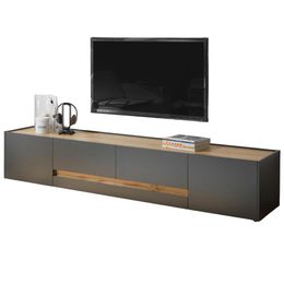 Furn.Design Tv-Lowboard, Grau, Eiche Wotan, Kunststoff, Nachbildung,Eiche, Uni, Holz Optik, 2 Schubladen, 223x40x45 cm, Wohnzimmer, Wohnw&auml;nde, Lowboards, Lowboards stehend