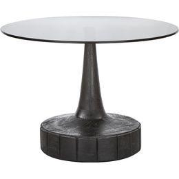 Couchtisch Woood "Soya Mangoholz mit Holzschnitzerei und Glasplatte, H43 x B60 x T60 cm", schwarz (schwarz, schwarz), B:60cm H:43cm T:60cm, Tische, Couchtisch, Tragkraft 15 kg, einfach zu montierbar, pfleigleicht