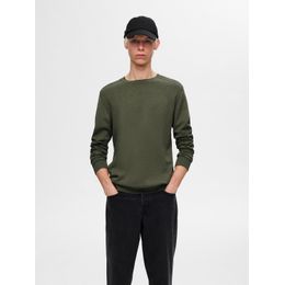 Rundhalspullover Selected "SLHBERG CREW NECK NOOS", Herren, Gr. M, gr&uuml;n (kalamata), Strick, Obermaterial: 100% Baumwolle, unifarben, regular fit normal, Rundhals, Rippb&uuml;ndchen, Pullover Rundhalspullover, Baumwolle, regular fit