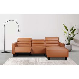 Ecksofa OTTO HOME "Carpari, L-Form, 263 cm, manuelle o. elektrische Relaxfunktion", braun (cognac), B:263cm H:97cm T:179cm, Sofas, Ecksofa, USB A/C und Kopfteilverstellung
