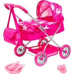 Puppenwagen BAYER "Smarty pink", pink (pink sterne), Puppenwagen, KinderB:37,5cm H:57cm T:58cm, mit Umh&auml;ngetasche, Teller, Gabel, L&ouml;ffel und Schnuller, B:37,5cm H:57cm T:58cm