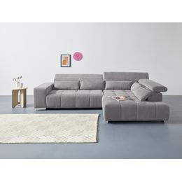 Ecksofa COTTA "Orion L-Form, B: 310 cm", grau (stone), B:310cm H:70cm T:225cm, 90% Polyester, 10% Polyamid, Sofas, Ecksofa, Kopfteilverstellung & 5 Nierenkissen