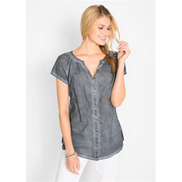 Kurzarmbluse bonprix, Damen, Gr. 50, grau (rauchgrau), Obermaterial: 100% Baumwolle, gerade, Blusen, gerade Passform, A-f&ouml;rmiger Schnitt, aus reiner Baumwolle