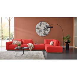 Wohnlandschaft Musterring "JustB PM200 bequem, wahlw. Sitzvorzug, Breite 395cm, Holzsockel", aperol, B:395cm H:78cm T:202cm, 100% Polyester, Sofas, Wohnlandschaft, Anreihsofa Armteil links, Eckteil rechts und Hocker. Elekt. Sitzvorzug