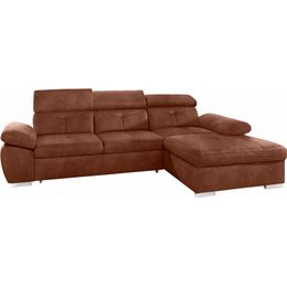 Ecksofa exxpo - SOFA FASHION "Spring, super bequem, mit Armteil- und Kopfteilfunktion", braun (cognac), B:284cm H:81cm T:181cm, Luxus-Microfaser (100% Polyester);Struktur (100% Polyester);NaturLEDER (echtes Rindsleder) in Sitz und R&uuml;cken. Korpus in passendem Kunstleder SOFTLUX bezogen, Sofas, Ecksofa, mit Bettfunktion & Bettkasten, Luxus-Microfaser +Simply Clean