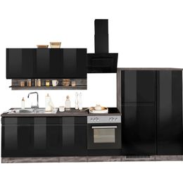 K&uuml;chenzeile KOCHSTATION "KS-Virginia,neu in verbesserter Ausf&uuml;hrung", schwarz (k&uuml;che: schwarz, front: schwarz hochglanz, korpus: eiche vintage, arbeitsplatte: eiche vintage), B:320cm H:200cm T:60cm, Komplettk&uuml;chen-Sets, K&uuml;chenzeile, Breite 320 cm, Soft-Close, wahlweise mit E-Ger&auml;ten