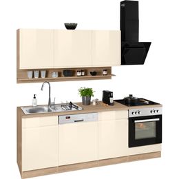 K&uuml;chenzeile KOCHSTATION "KS-Virginia,neu in verbesserter Ausf&uuml;hrung", beige (k&uuml;che: natur, front: creme hochglanz, korpus: eiche sonoma, arbeitsplatte: eiche sonoma), B:220cm H:200cm T:60cm, Komplettk&uuml;chen-Sets, K&uuml;chenzeile, Breite 220 cm, Soft-Close, wahlweise mit E-Ger&auml;ten