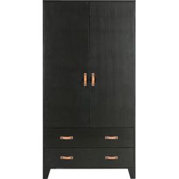 Garderobenschrank Woood "Dian FSC-Kiefernholz mit Ledergriffe, H 180 x B 94 x T 40 cm", schwarz, B:94cm H:180cm T:40cm, Holzwerkstoff, Schr&auml;nke, Garderobenschrank, Schutzlackierte Oberfl&auml;che, einfach zu montierbar, sichtbare maserung