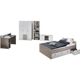 Jugendzimmer-Set OTTO HOME "Jugendzimmer-Set &raquo;Riekke&laquo; 5-teilig", wei&szlig; (eiche, sand, nachbildung, wei&szlig;), ohne Matratze, B/H: 120cm x 200cm, Holzwerkstoff, Schlafzimmerm&ouml;bel-Sets, Farblich abgestimmte M&ouml;belserie